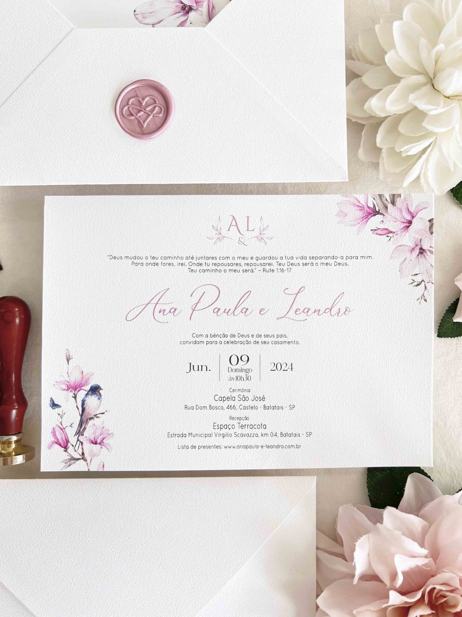 Convite Carta Tradicional – Texturizado Estampado – Lacre de Cera – COD. 211-L – Le Poa